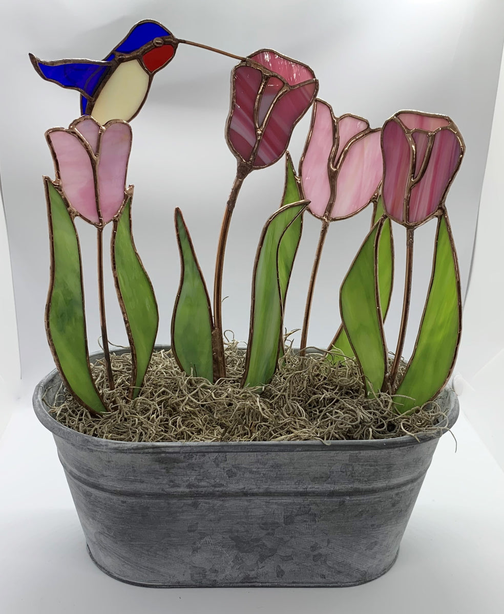 Tulip Garden with Hummingbird – Adams’ Glass Studio